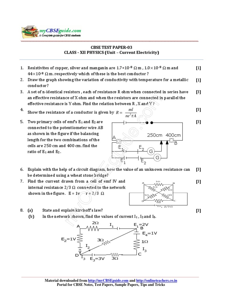 Class 12 Physics Current Electricity Test | PDF | Electrical Resistance ...