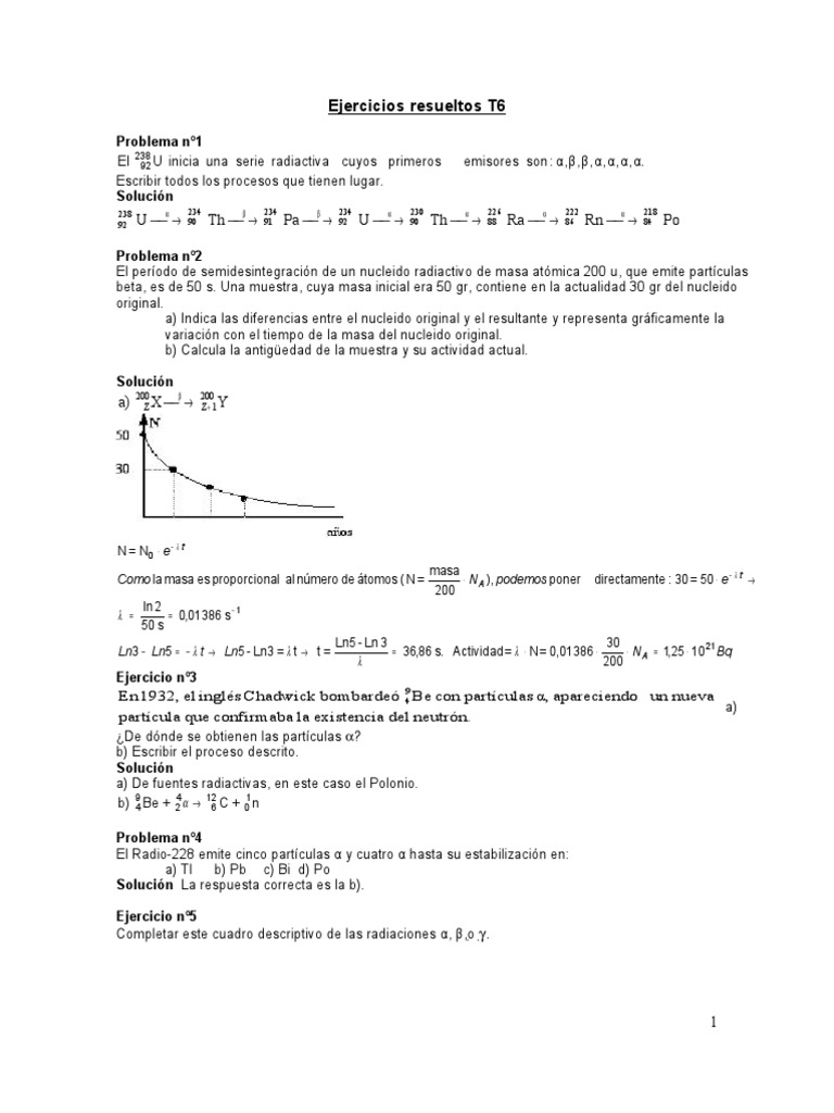 Ejercicios Con Soluciones T6 | PDF | Desintegración radioactiva | Núcleo atómico