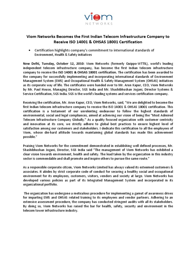 Viom Networks Becomes The First Indian Telecom Infrastructure Company ...