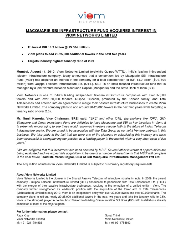Macquarie SBI Fund Invests in Viom Networks | PDF | Mergers And ...