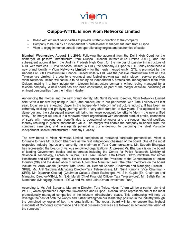 Quippo-WTTIL Is Now Viom Networks Limited | PDF | Mergers And ...