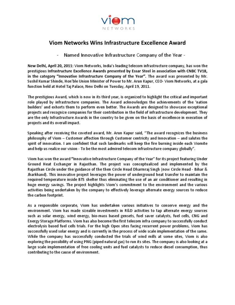 Viom Networks Wins Infrastructure Excellence Award | PDF | Alternative ...