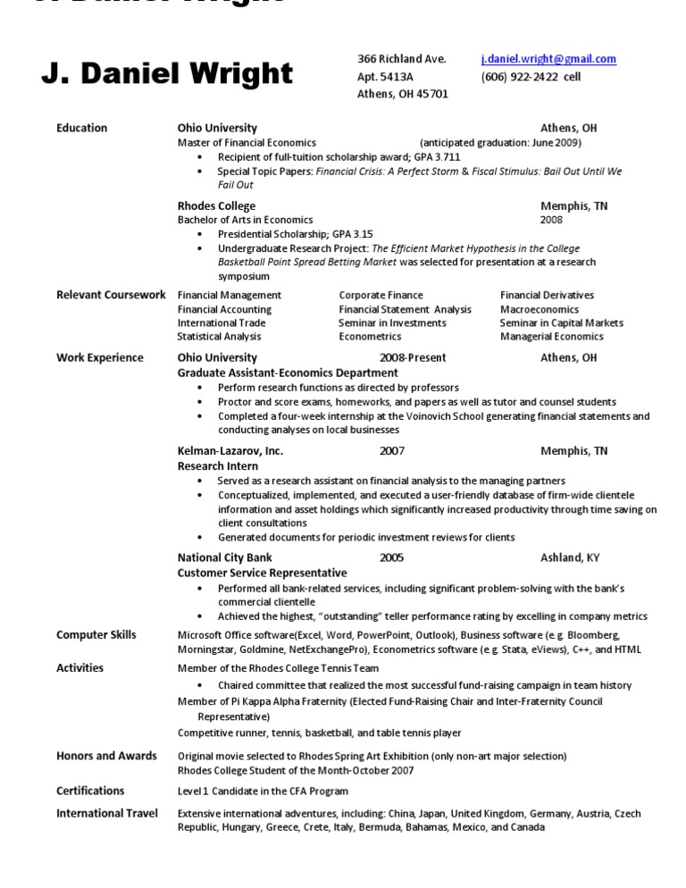 J Daniel Wright Resume | PDF | Economics | Financial Economics