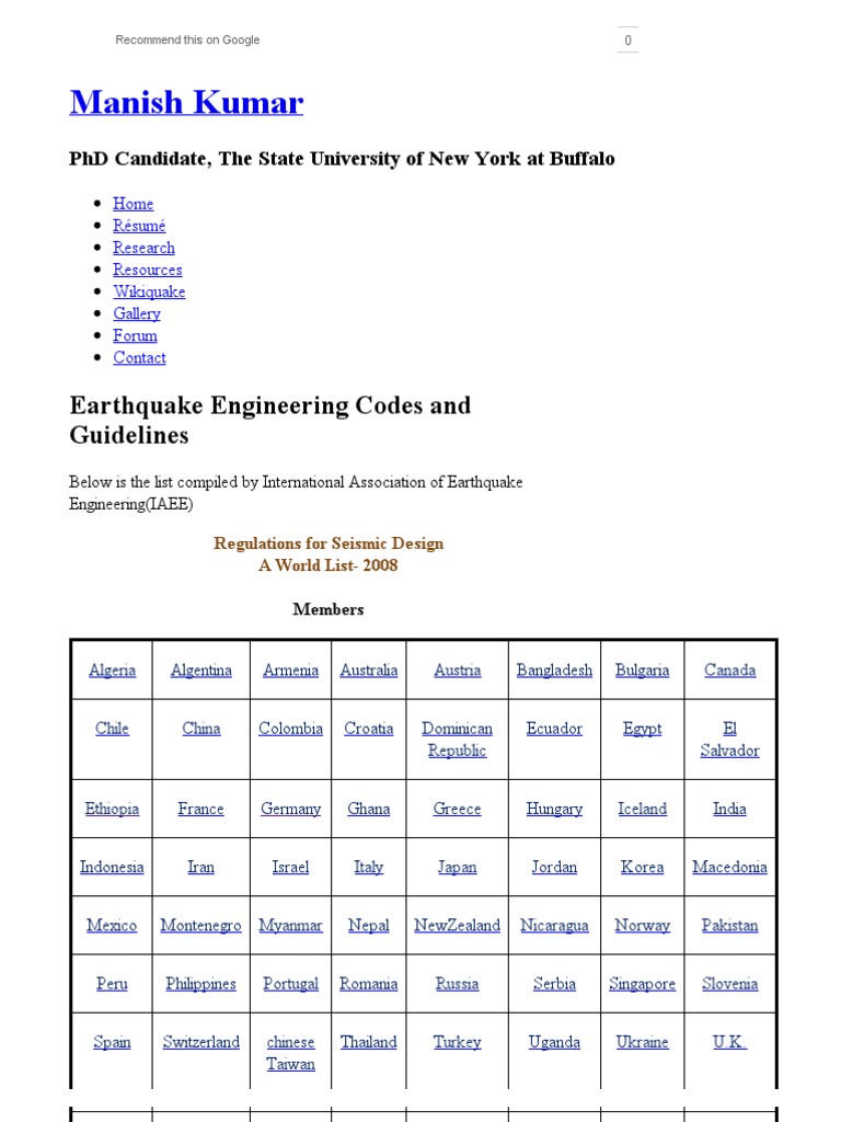 Manish Kumar: Earthquake Engineering Codes and Guidelines | PDF