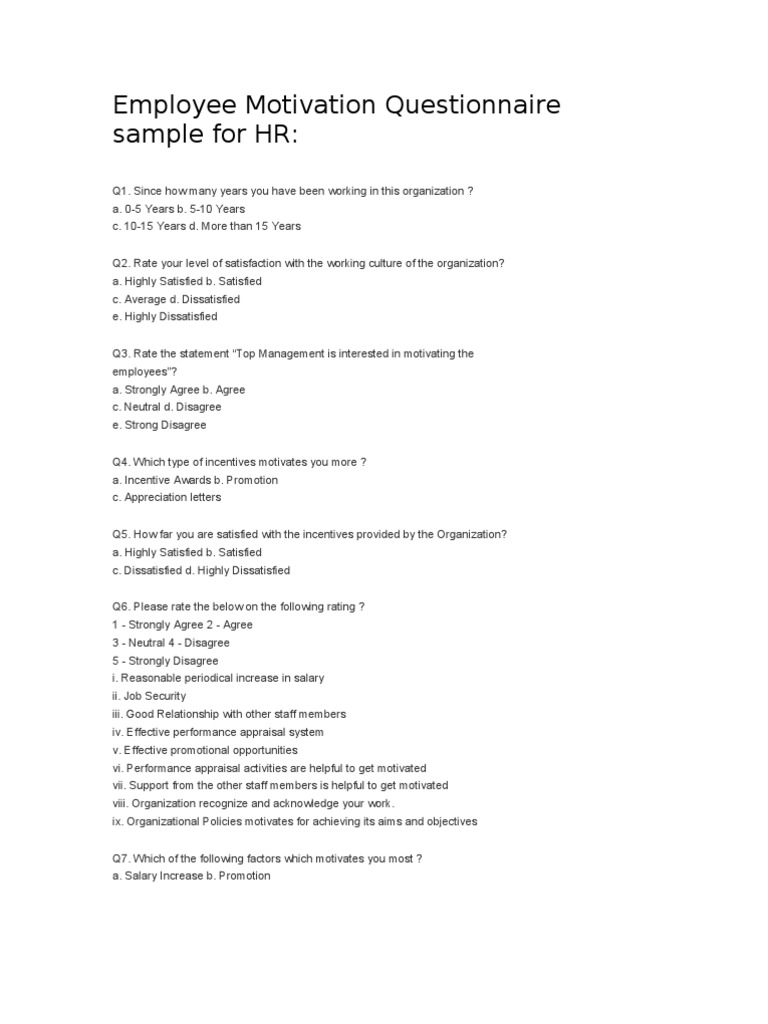 Employee Motivation Questionnaire Sample For HR | Investing | Motivation