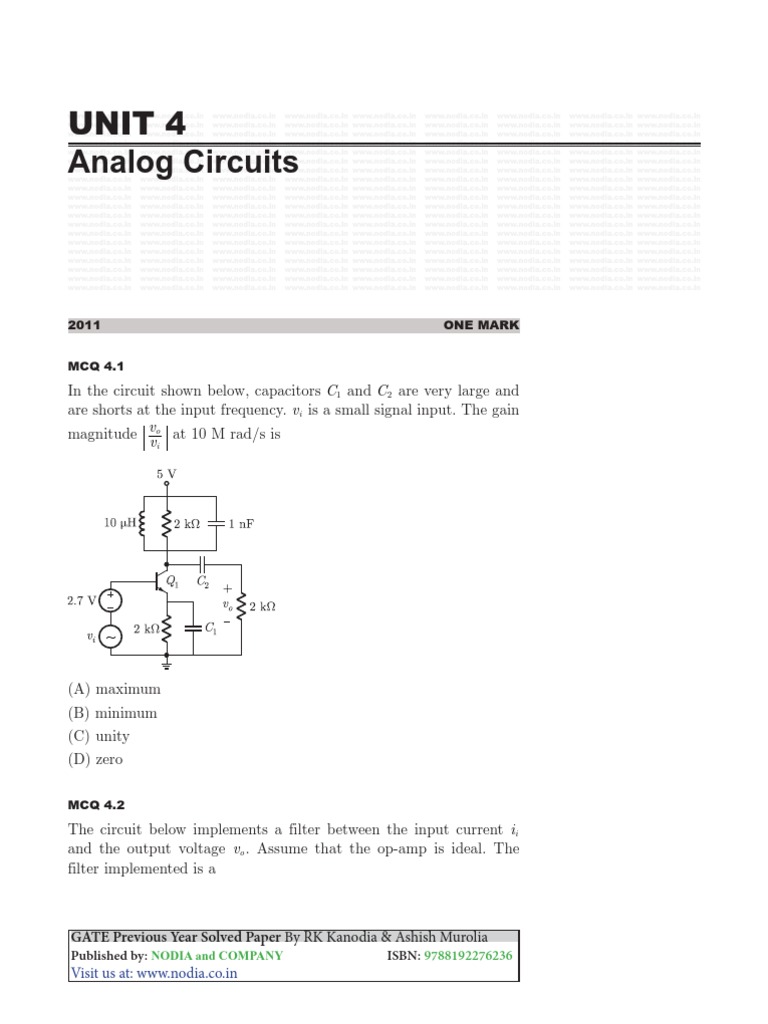 GATE Analog Circuits Solutions 2011 | PDF