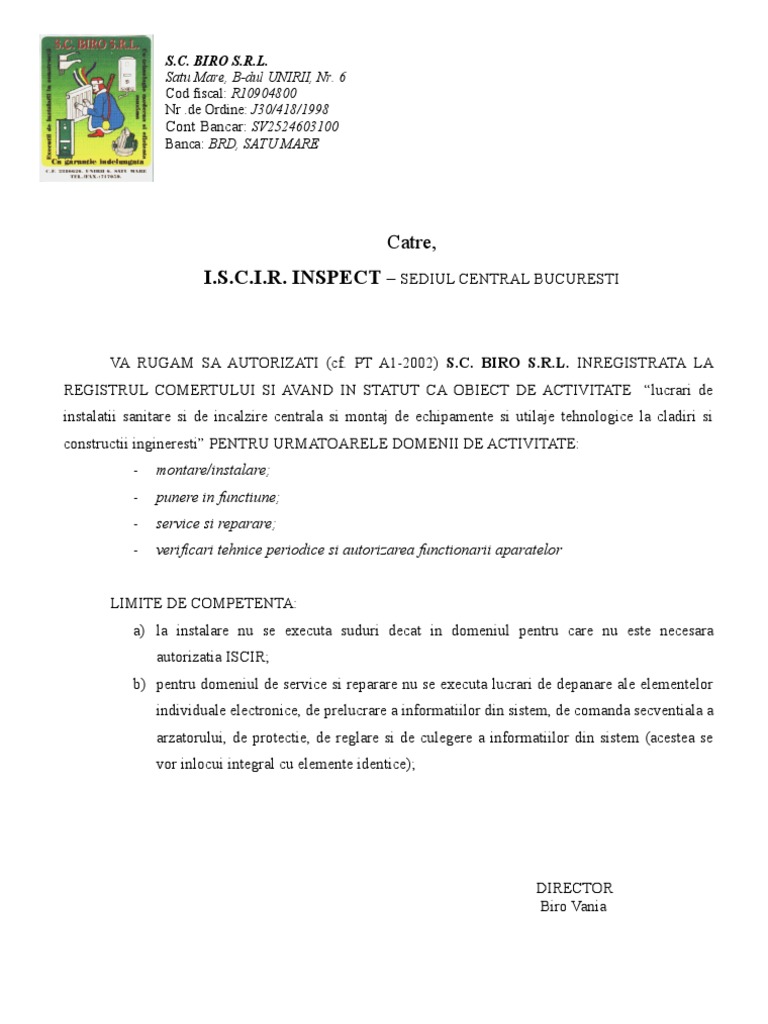 Cerere Autorizare Dosar ISCIR PT-A1 | PDF