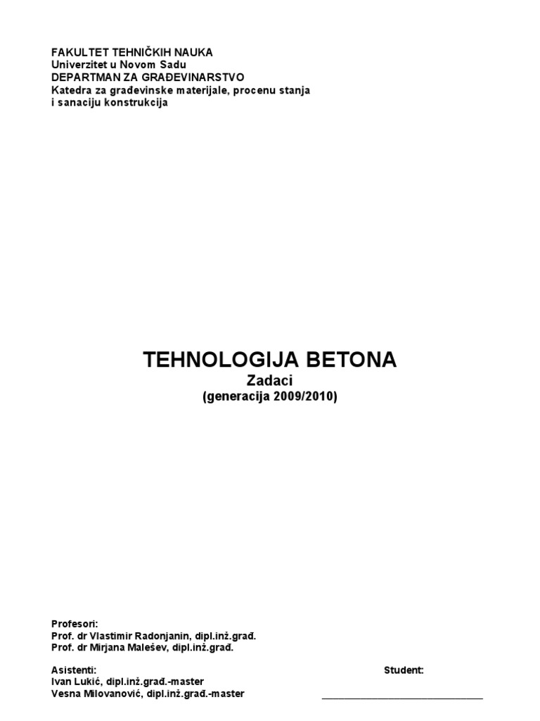Tehnologija Betona - Vezba 1 - Zadaci | PDF