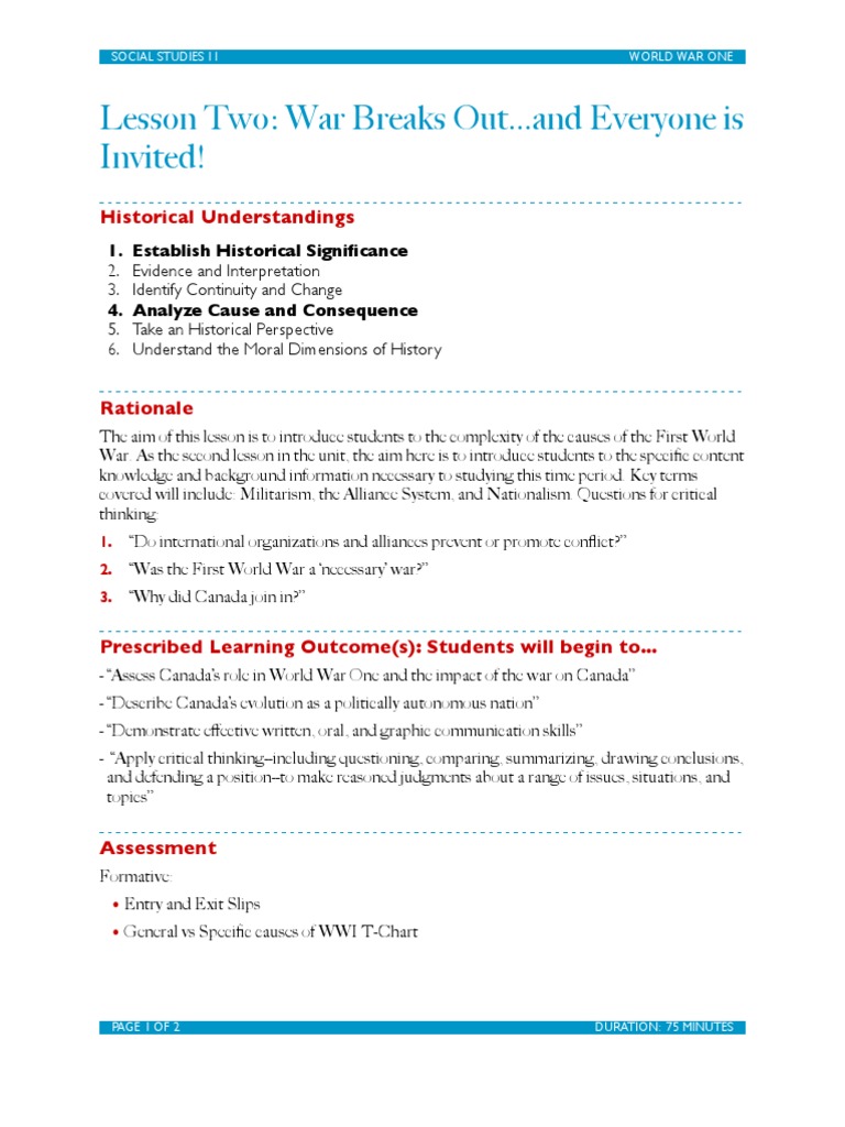 WWI Unit-Lesson 2 Plan | PDF | Critical Thinking | Psychological Concepts