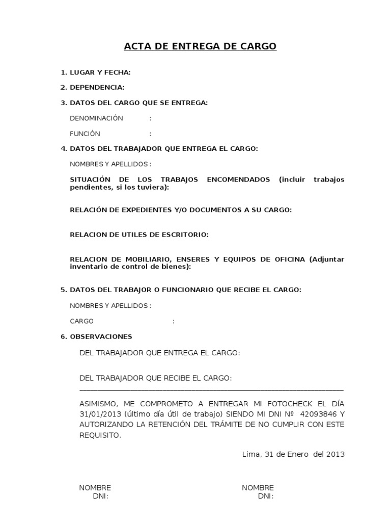 Modelo de Acta Entrega Cargo | PDF