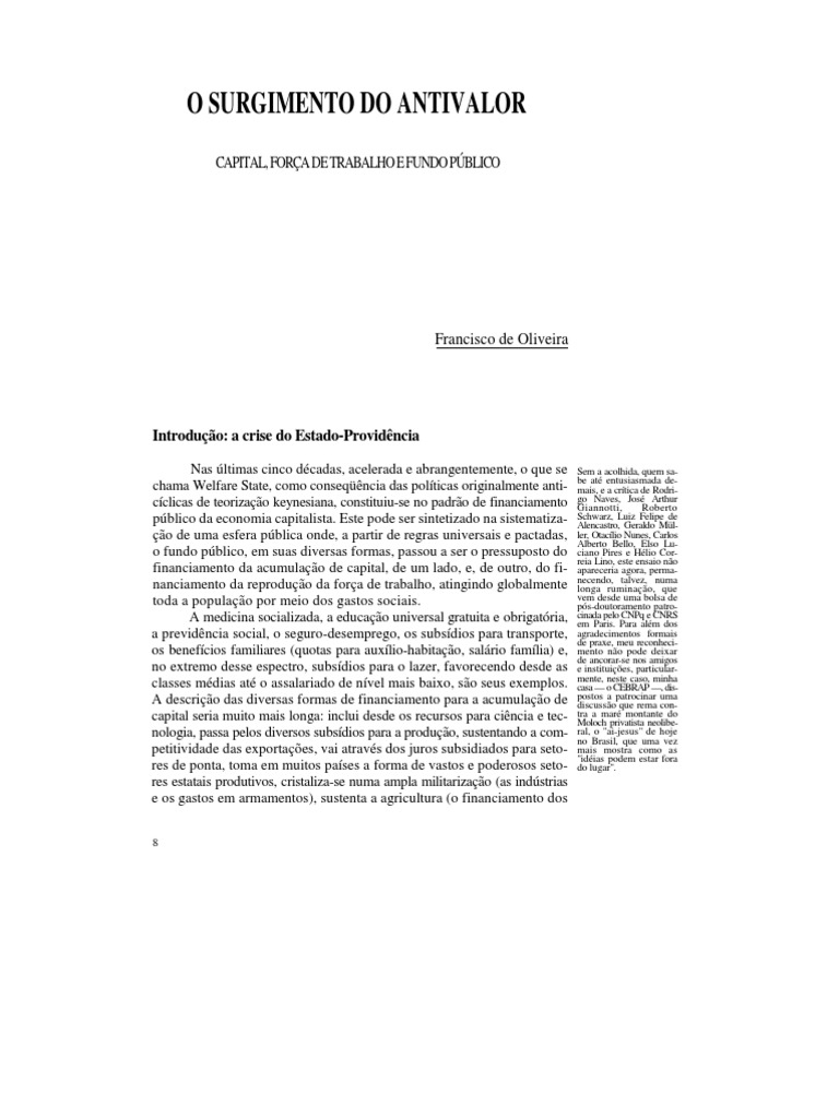 Francisco de Oliveira - O Surgimento Do Antivalor | PDF | Estado de bem ...