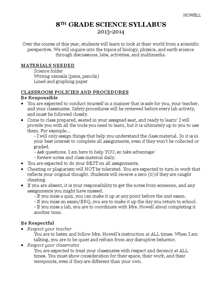 8th Grade Science Syllabus | PDF | Syllabus | Test (Assessment)