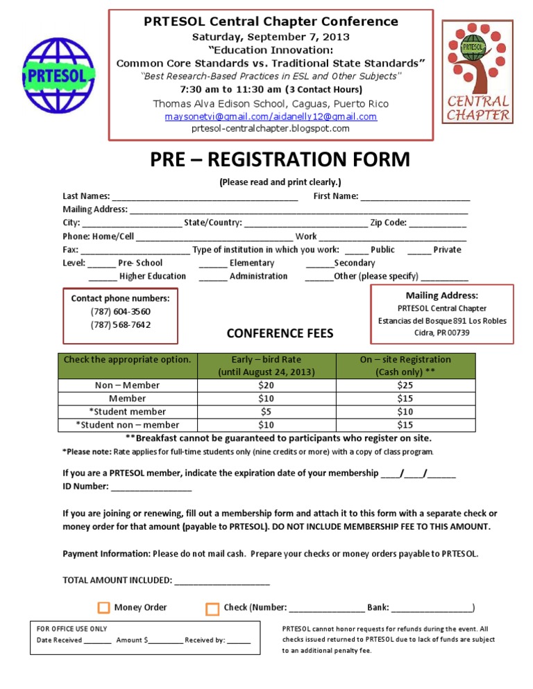 PRTESOL Pre Registration Form. 2013 | PDF