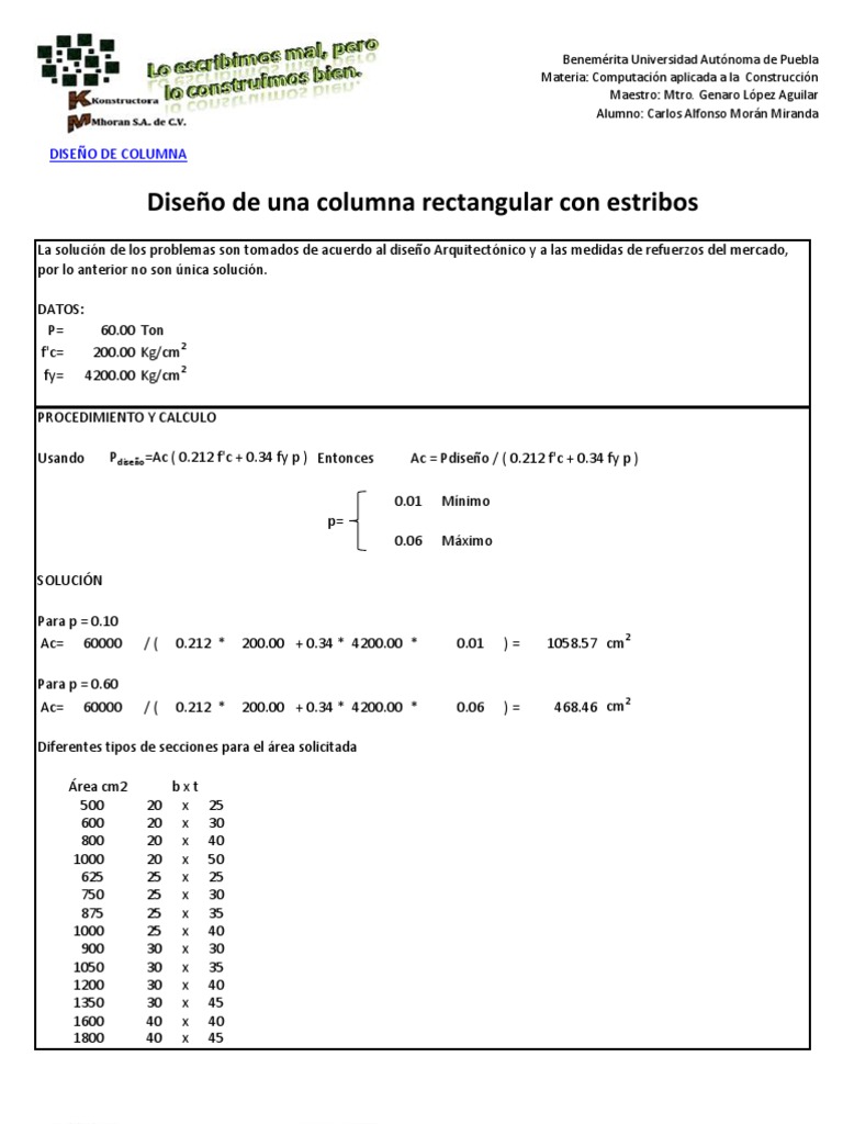 Diseño de una columna rectangular con estribos: cálculos y ...