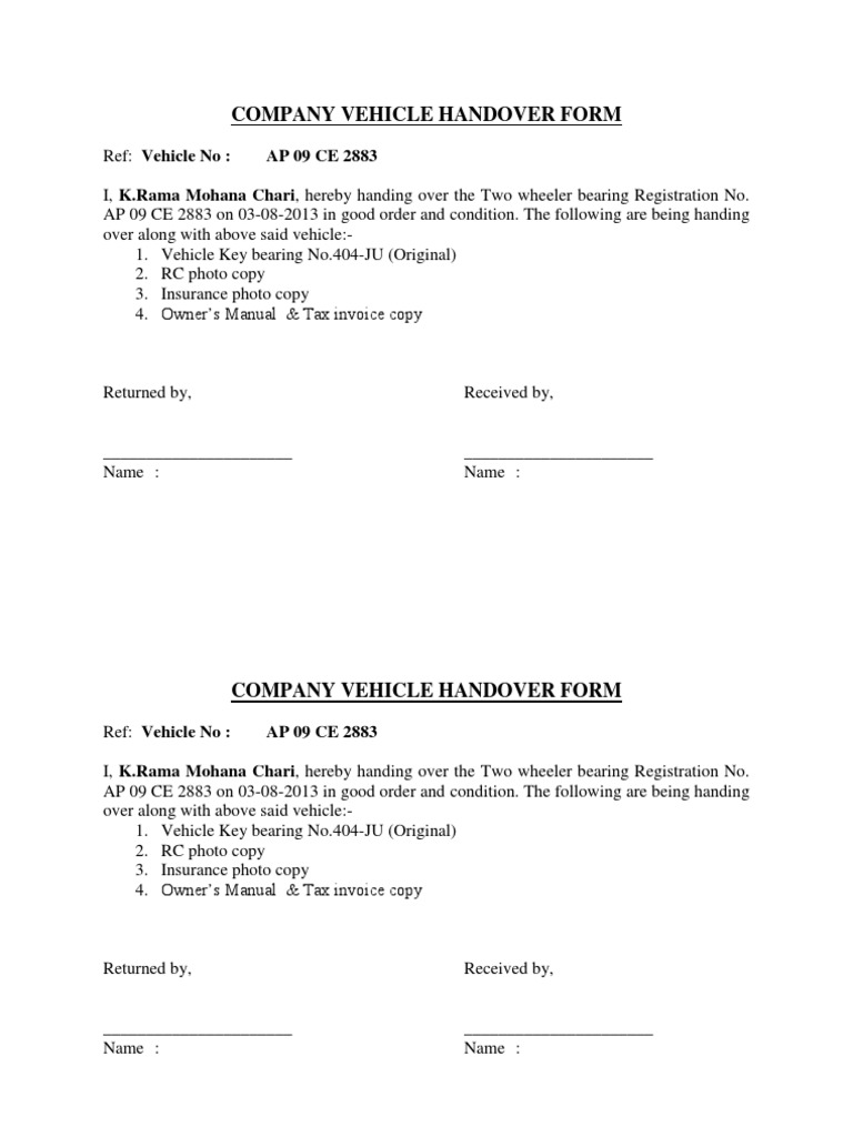 Company Vehicle Handover Form | PDF | Vehicles | Motor Vehicle
