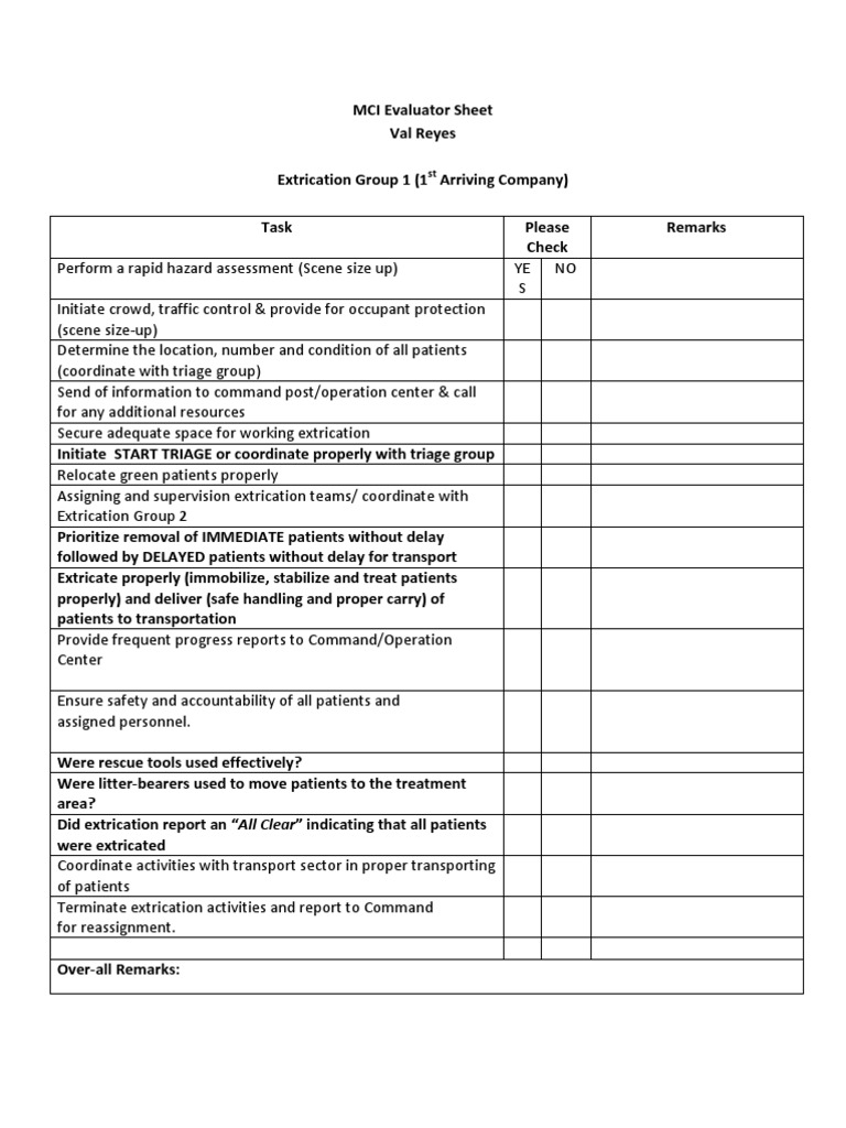MCI Evaluator Sheet Per Sector | Ambulance | Emergency Services