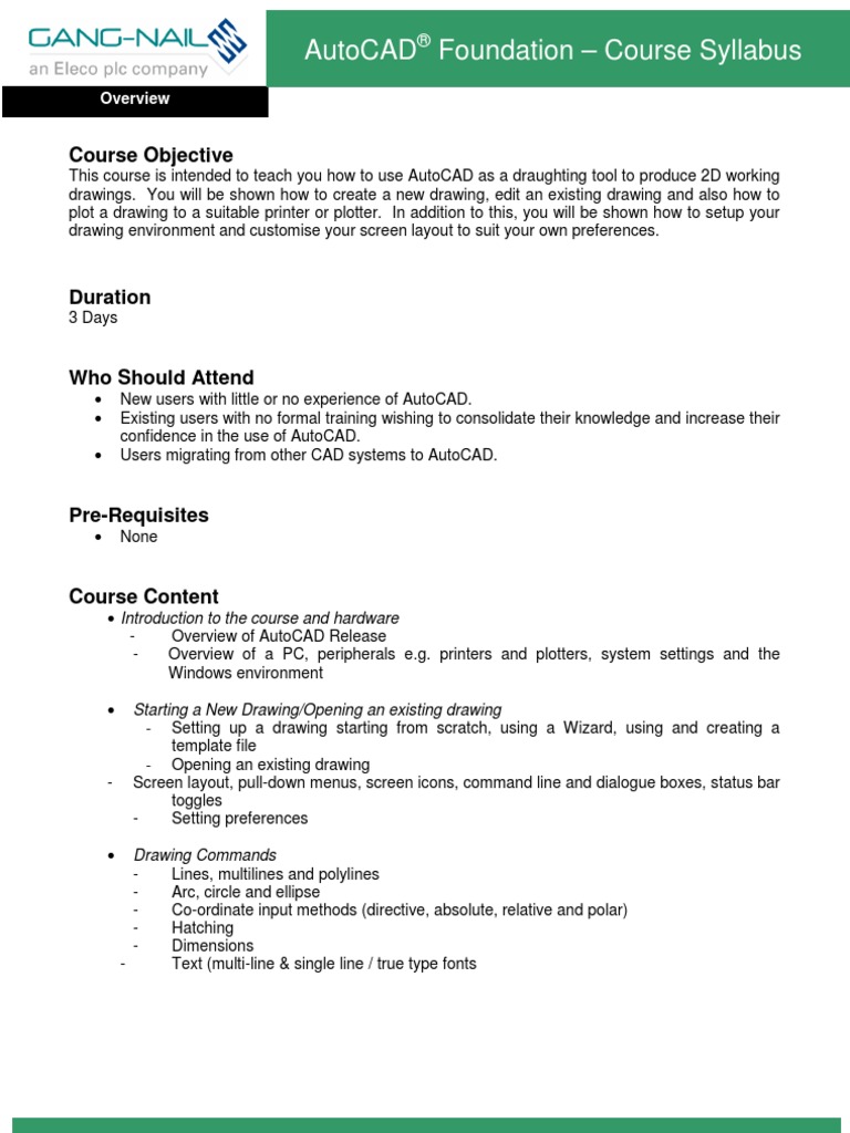 Autocad Foundation - Course Syllabus | PDF | Auto Cad | 2 D Computer ...