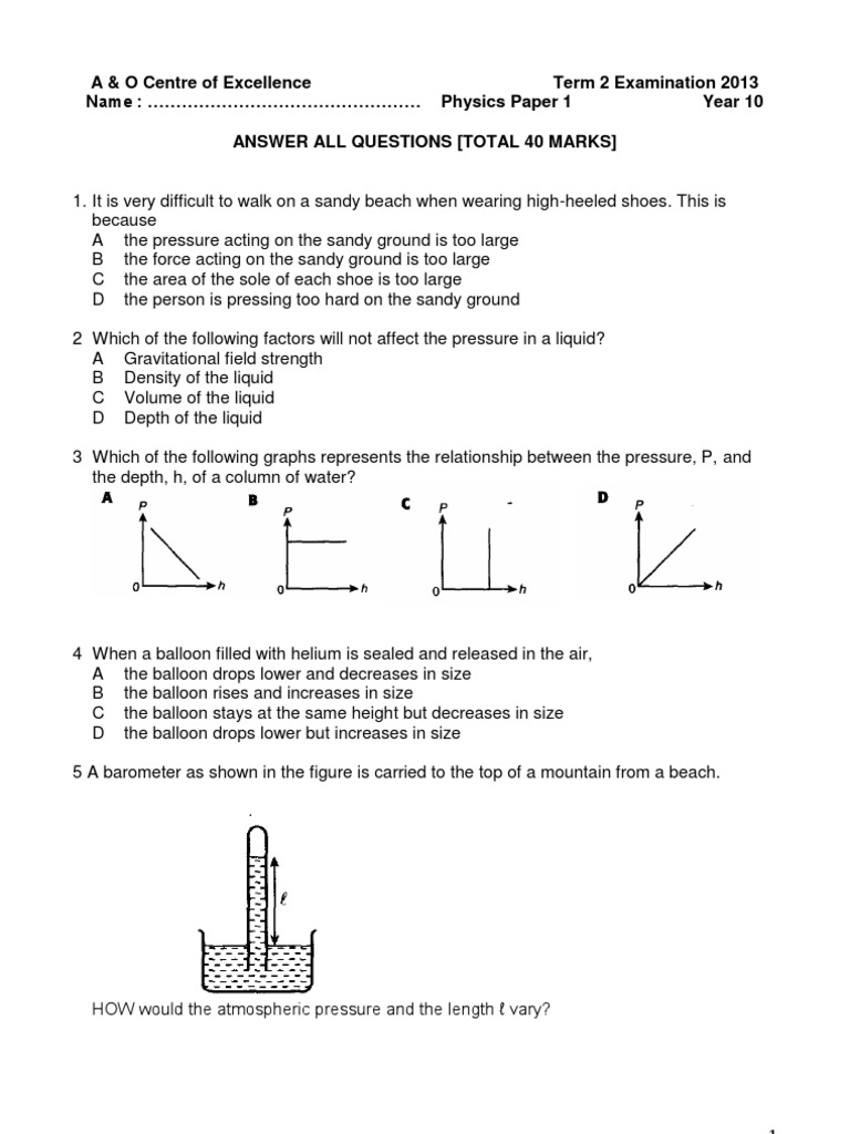 Physics Y10 Term 2 Exam Paper1 Edited | PDF | Pressure | Buoyancy