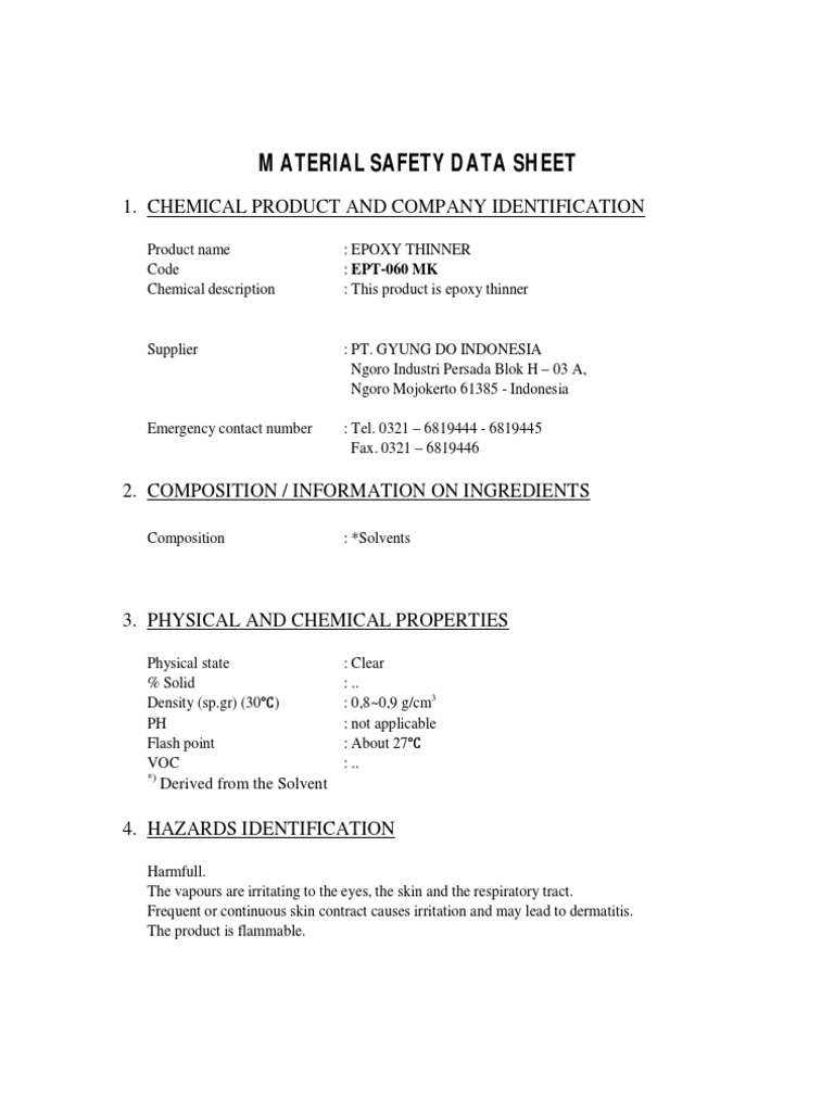 Epoxy Thinner MSDS Overview | PDF | Materials | Chemistry