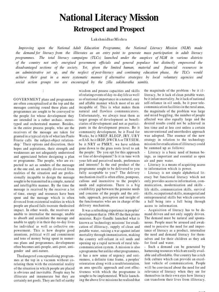 National Literacy MissionRetrospect and Prospect | PDF | Literacy ...