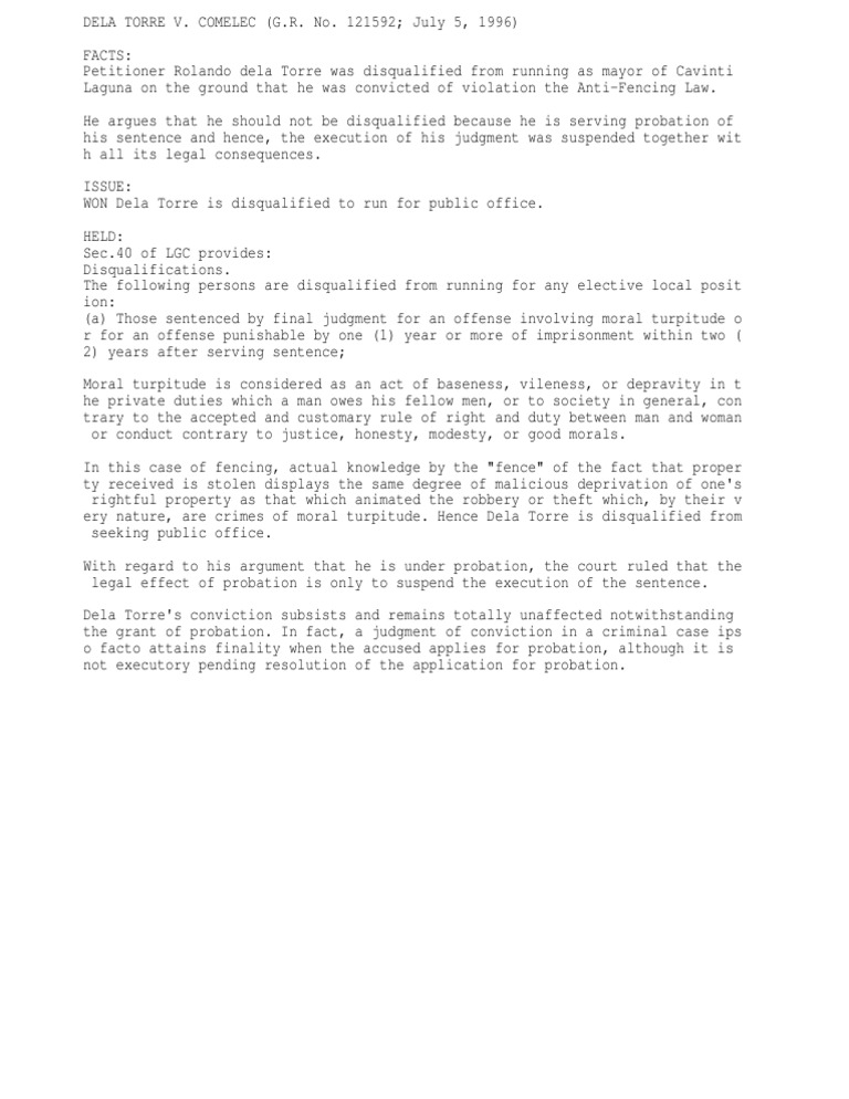 Dela Torre Disqualification Ruling | PDF | Moral Turpitude | Probation