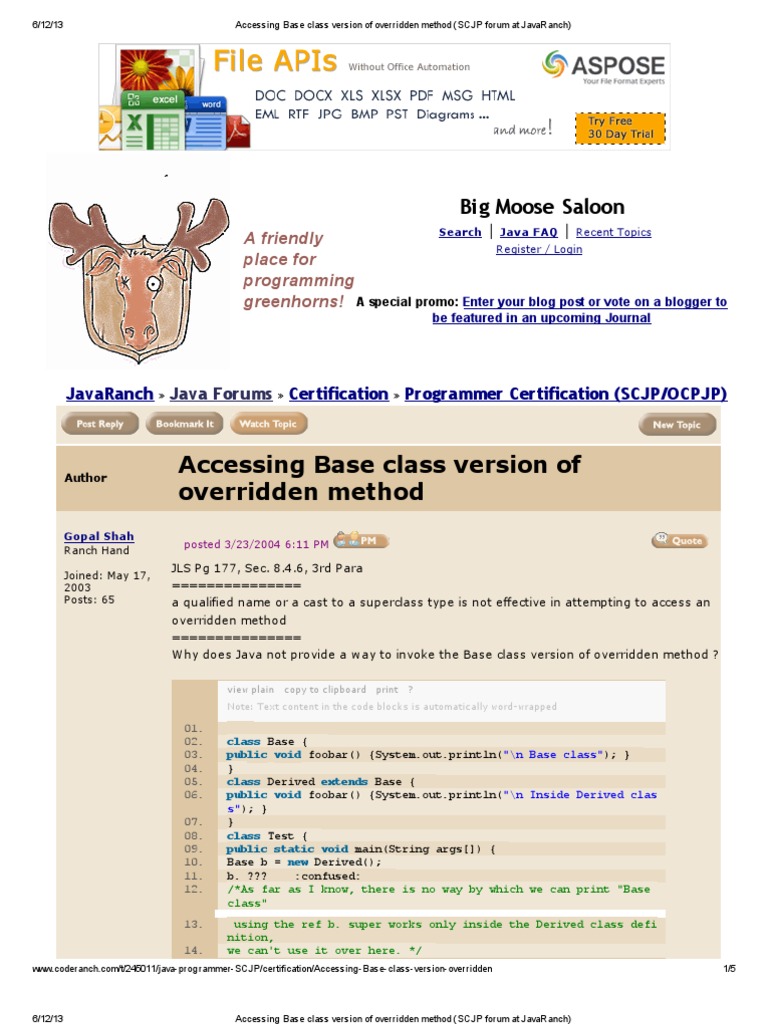 Accessing Base Class Version Of Overridden Method Scjp Forum At Javaranch Pdf Inheritance