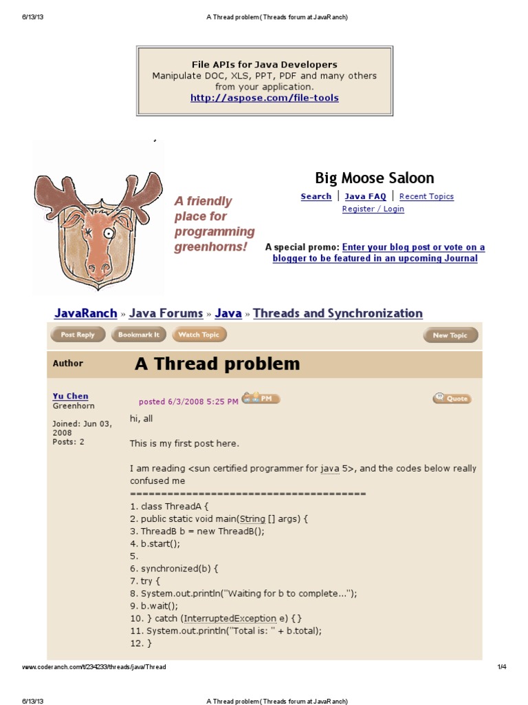 A Thread Problem (Threads Forum at JavaRanch) | PDF | Thread (Computing ...