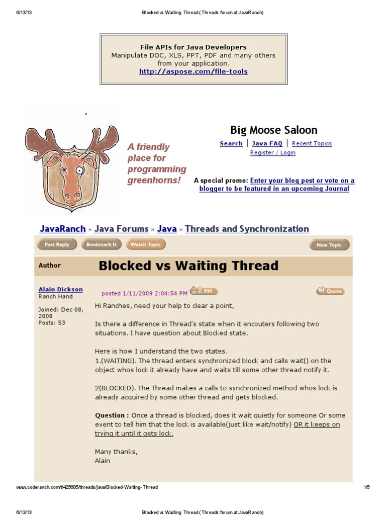 Blocked Vs Waiting Thread (Threads Forum at JavaRanch) | PDF