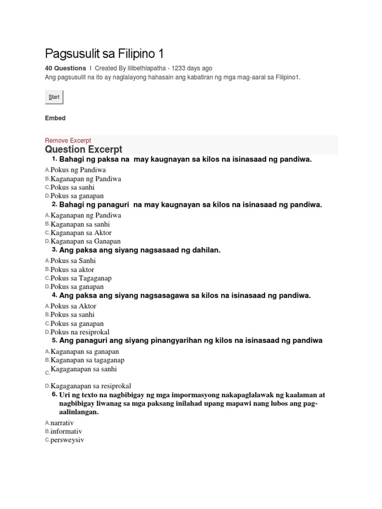 Pagsusulit Sa Filipino 1 | PDF