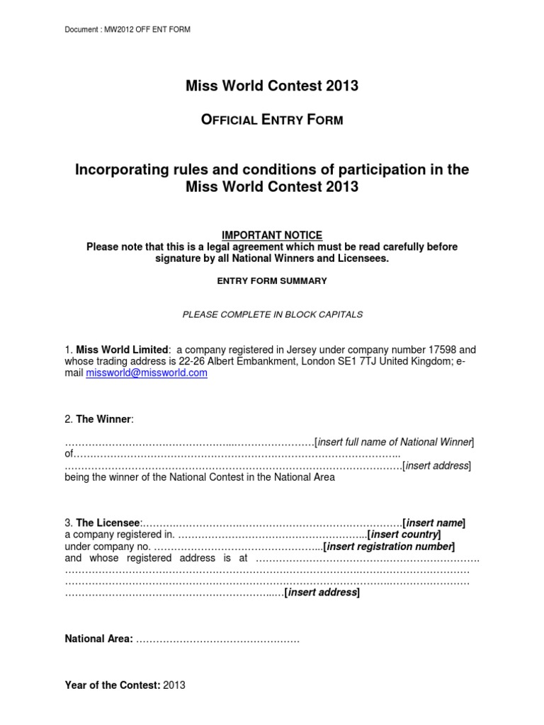 Miss World 2013 Official Entry | PDF | Copyright | Intellectual Property