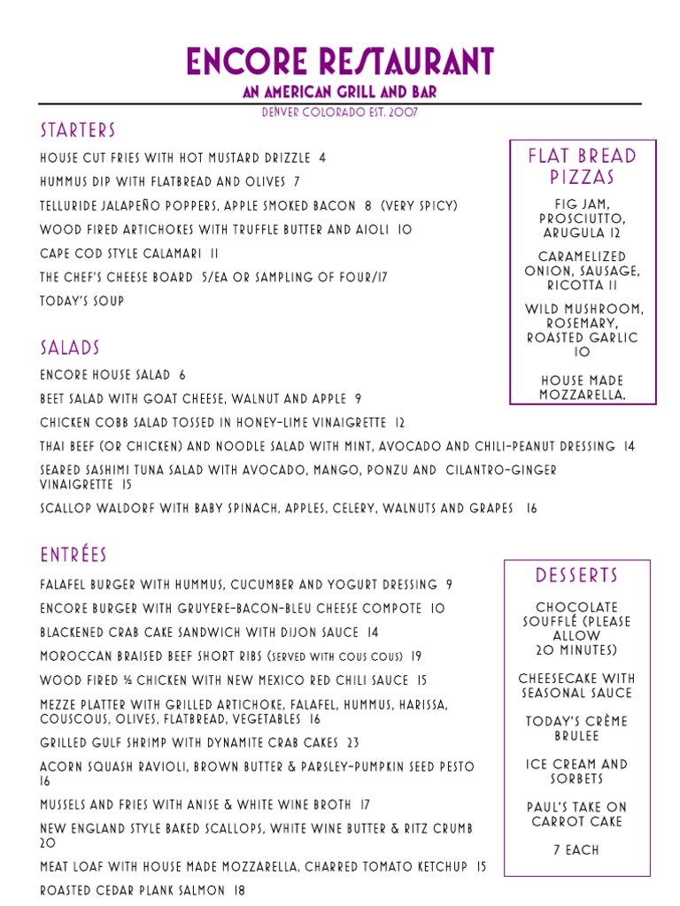 Encore Menu | PDF