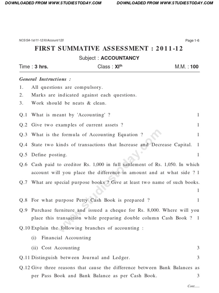 CBSE Class 11 Accountancy Question Paper SA 1 2012 (2) - 0 PDF | PDF ...