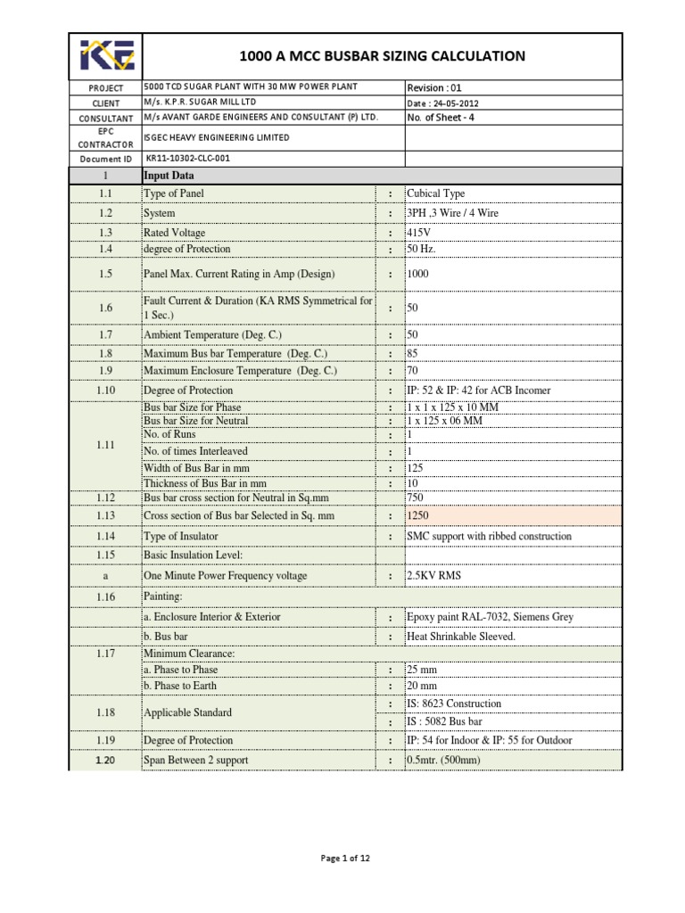 MCC Bus Bar Sizing Calculation | PDF | Electric Current | Insulator ...