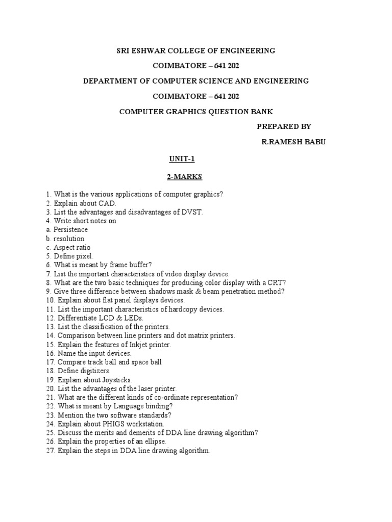 Computer Graphics Question Bank | PDF | Graphics | Computer Graphics