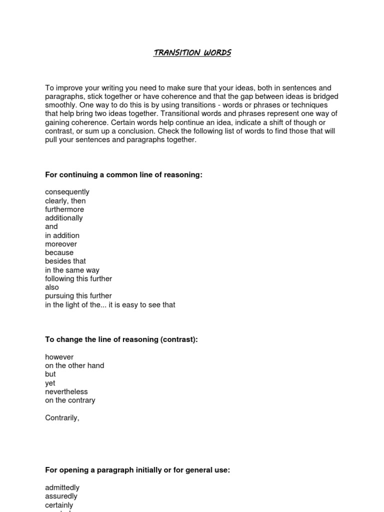 Transition Words | PDF | Paragraph | Phrase