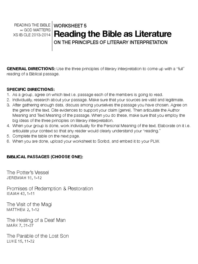 Reading The Bible As Literature: Worksheet 5 On The Principles of ...