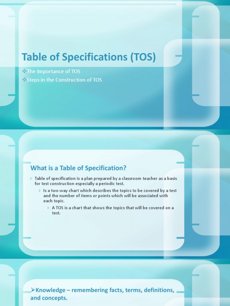 Table of Specifications (TOS) | PDF