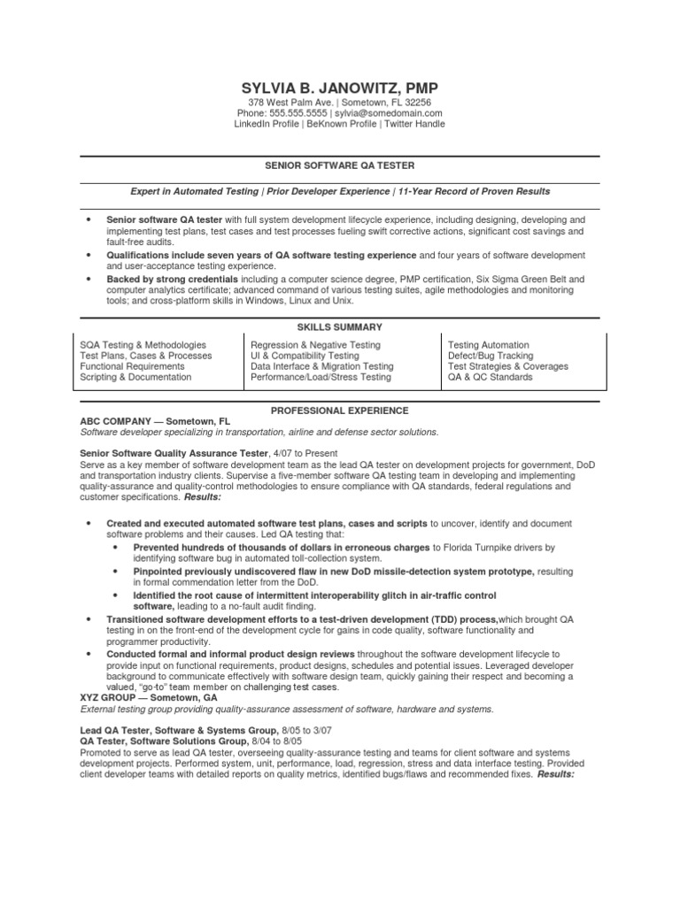 Sample Resume - Experienced QA Tester | PDF | Quality Assurance ...