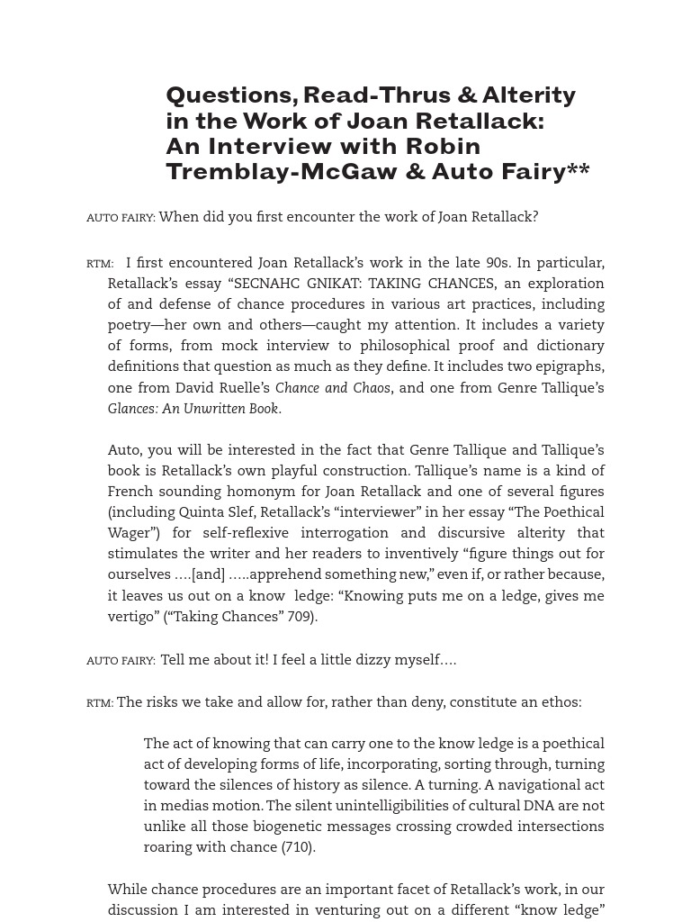 Questions, Read-Thrus, and Alterity in The Work of Joan Retallack: An ...