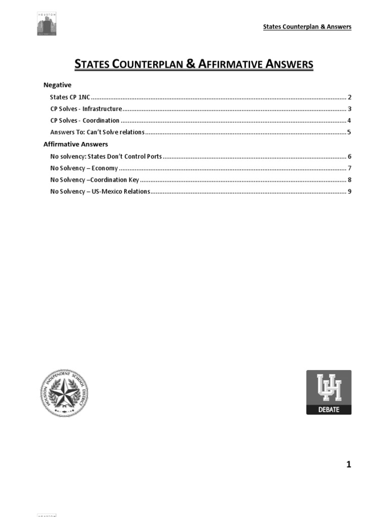 States Counterplan and Answers | PDF | U.S. State | The United States