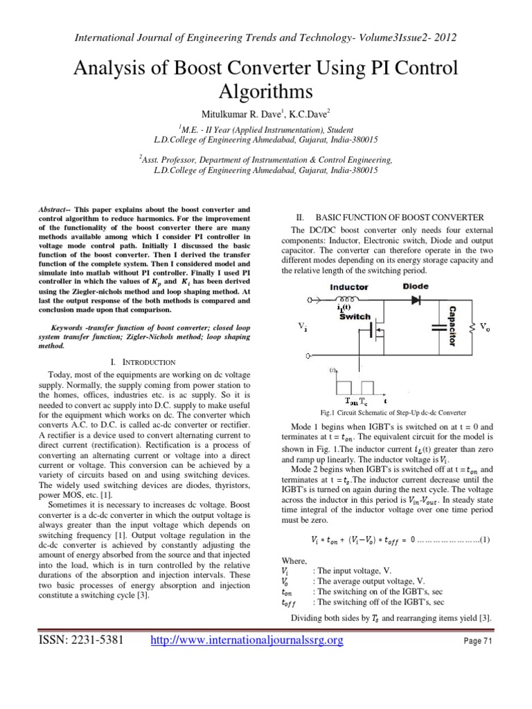 Analysis of Boost Converter Using PI Control Algorithms | Download Free ...