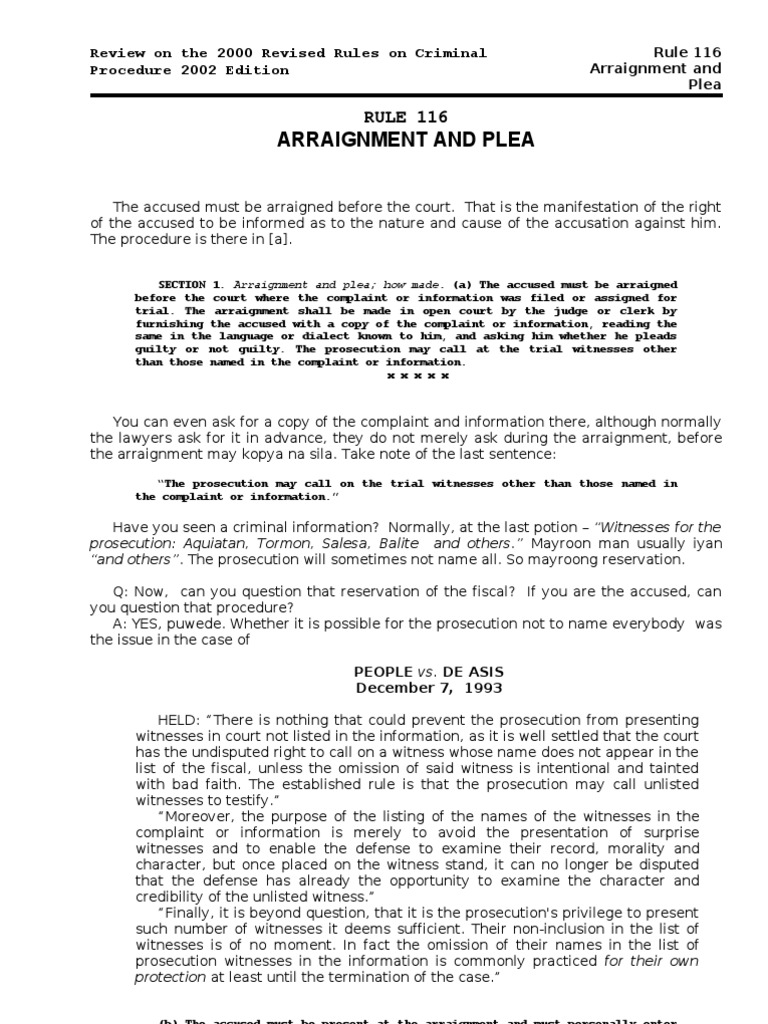 Rule 116 Arraignment | PDF | Plea | Arraignment
