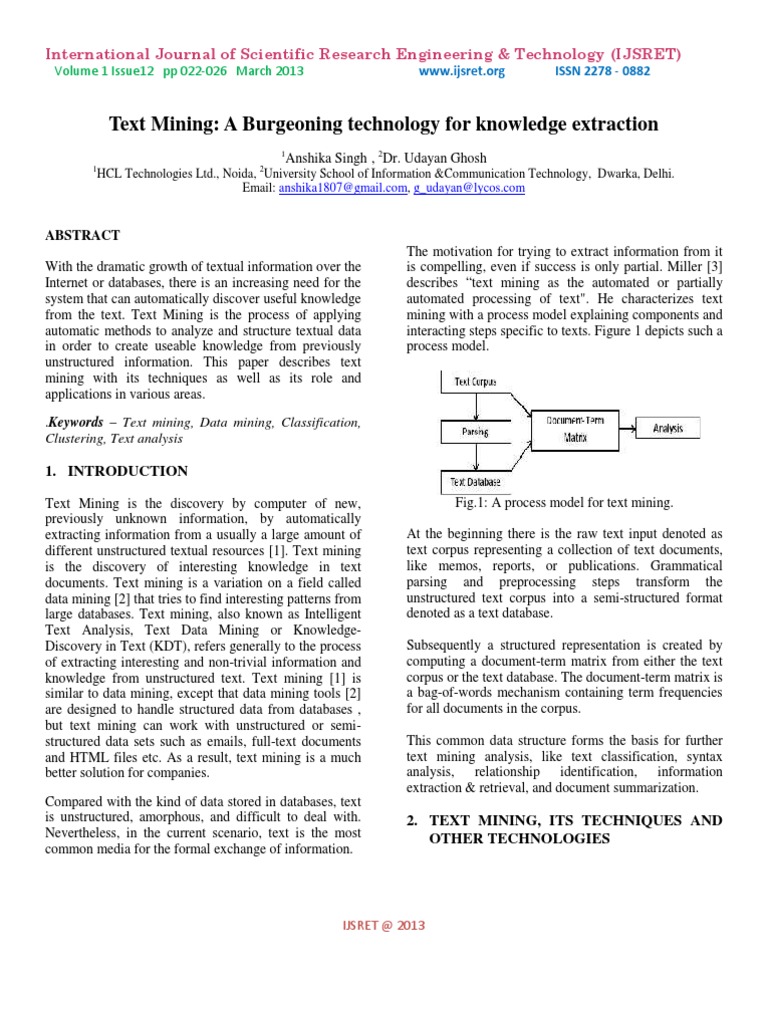 Text Mining: A Burgeoning Technology For Knowledge Extraction | PDF ...