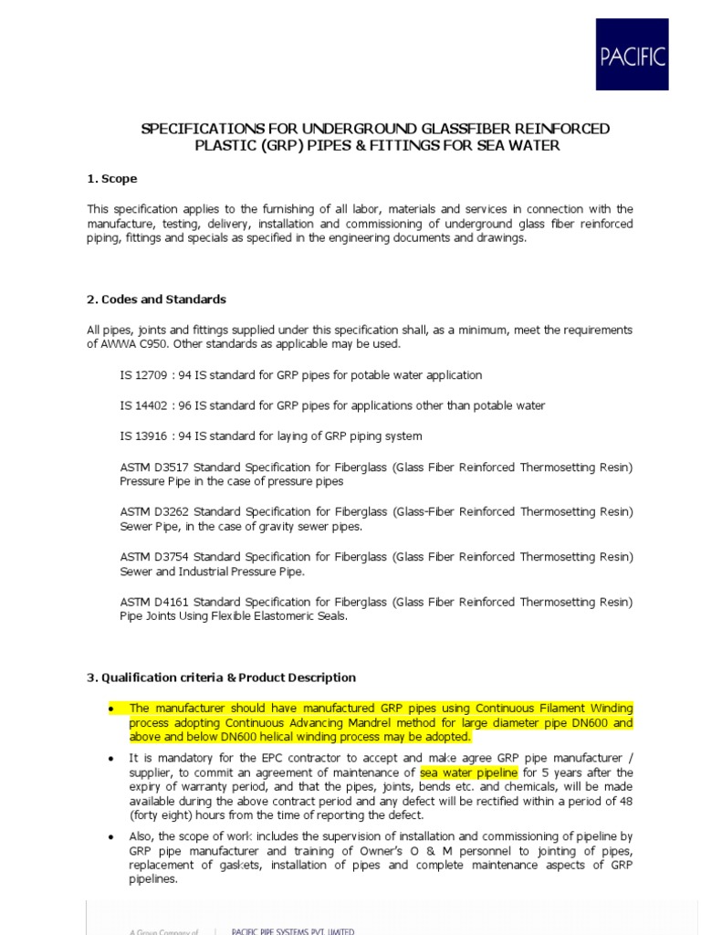 Tender Specification - Sea Water | PDF | Fiberglass | Pipe (Fluid ...