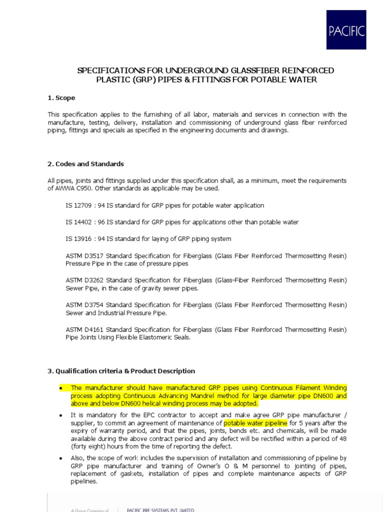 Tender Specification - Potable Water | PDF | Fiberglass | Pipe (Fluid ...