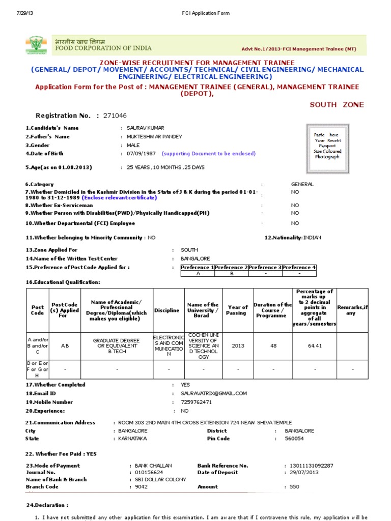 FCI Application Form | PDF | Diploma | Academic Degree