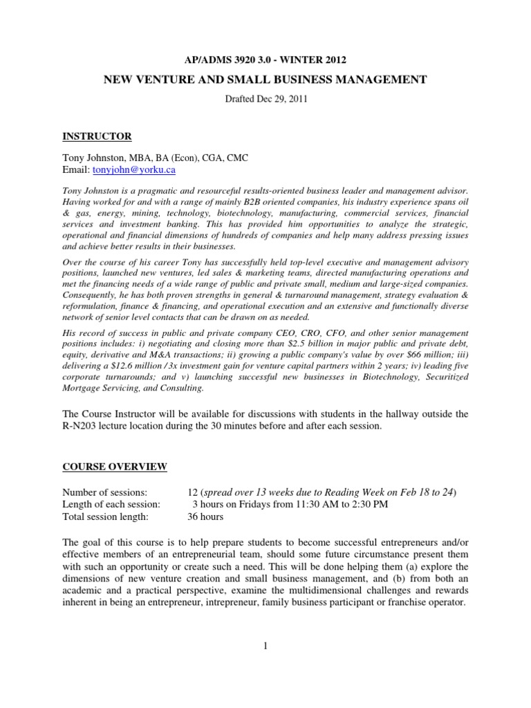 YorkU AP ADMS 3920 3 Winter 2012 - Small Business Management Course ...