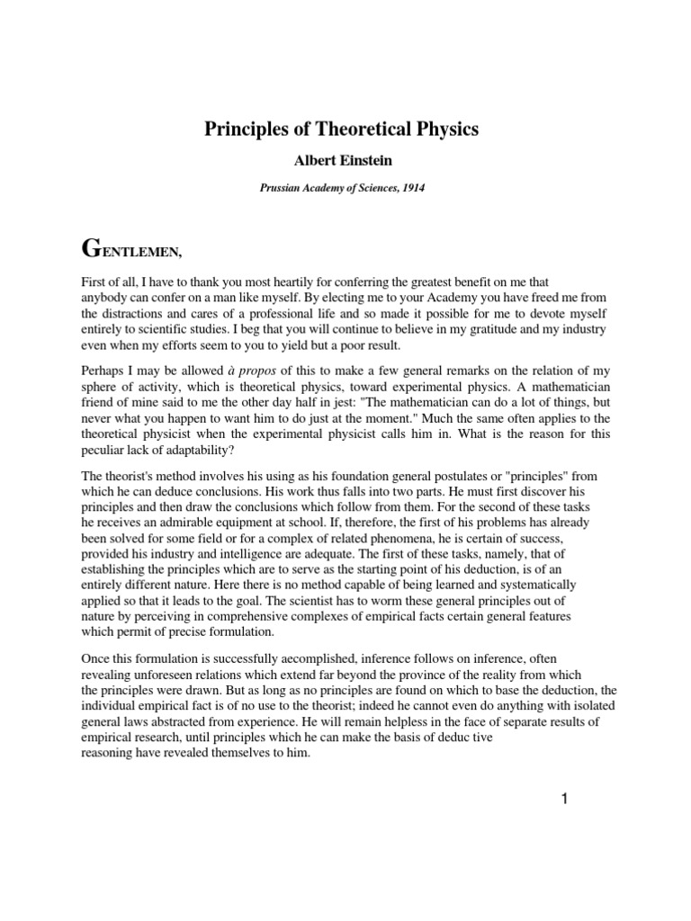 Albert Einstein - Principles of Theoretical Physics | PDF | Motion (Physics) | Theory Of Relativity