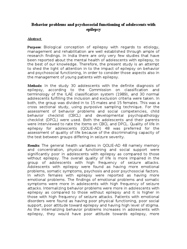 The Impact of Epilepsy on Behavioral Problems, Psychosocial Functioning ...