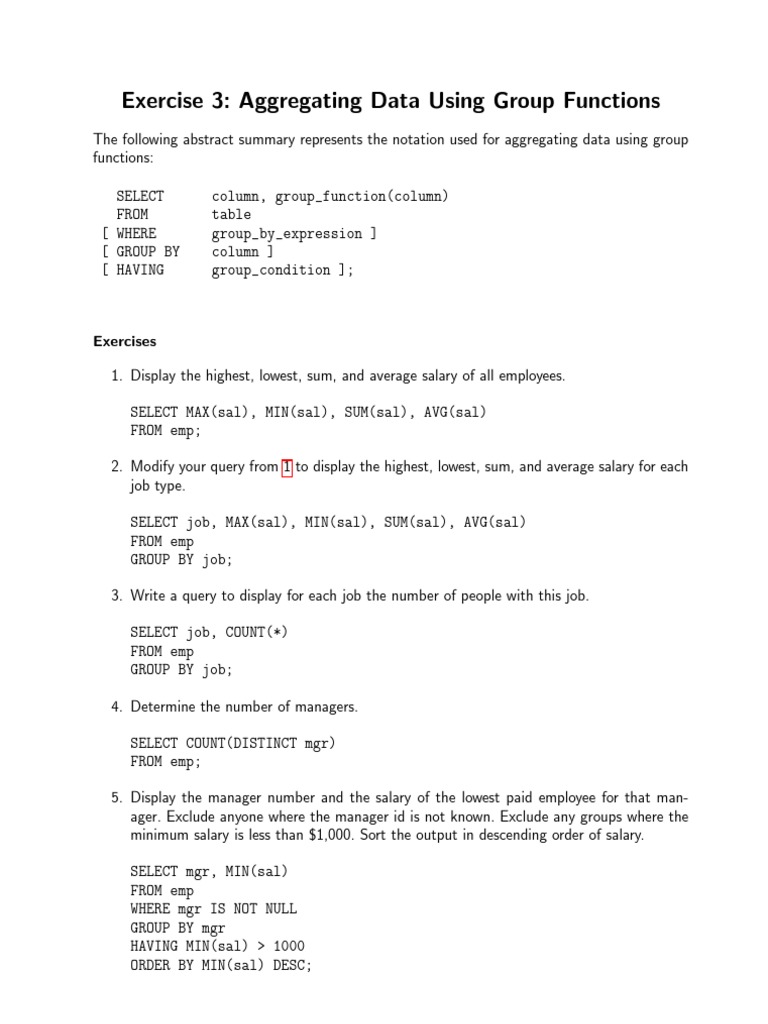SQL Group Functions for Data Aggregation | PDF | Computers